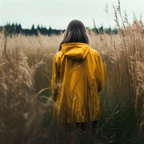 Premium Ai Image Female In High Grass Wearing Rain Coat