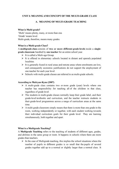 Unit I Meaning And Concept Of The Multi Grade Class Unit I Meaning