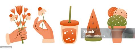 여름 벡터 클립 아트 모음입니다 여름 꽃다발 데이지 아이스크림 차가운 음료가 담긴 컵 수박 조각을 손에 들고 있는 고립된 삽화 플랫 디자인 귀엽고 순진한 요소 0명에 대한