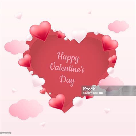 해피 발렌타인 데이 인사말 카드 타이포그래피 하트와 구름배경 벡터 일러스트레이션 2월에 대한 스톡 벡터 아트 및 기타 이미지 2월 3차원 형태 공휴일 Istock