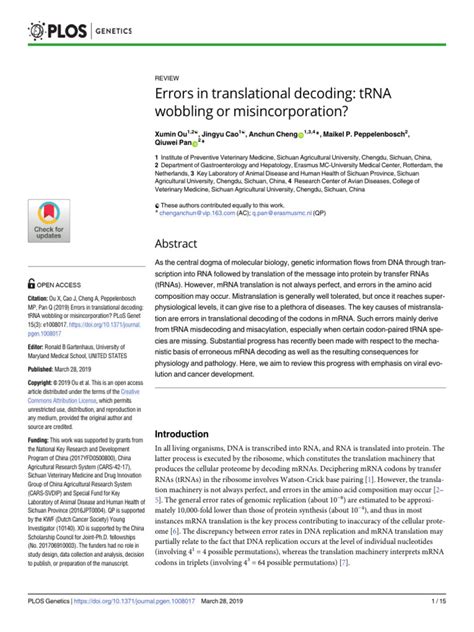Errors In Translational Decoding Trna Wobbling Or Misincorporation Pdf Translation Biology