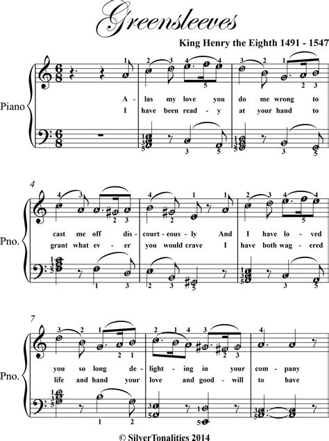 Greensleeves Easy Elementary Piano Sheet Music