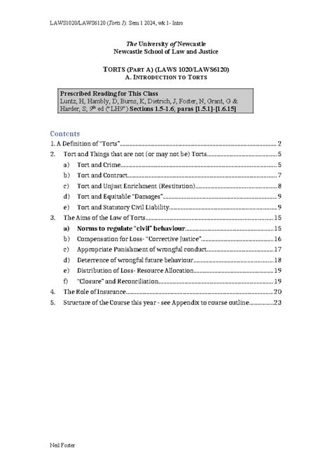 Torts Wk Notes The University Of Newcastle Newcastle Babe Of Law And Justice TORTS PART A