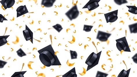 공중에 던져진 졸업 모자 황금 색종이 교육 현실적인 벡터 3d 배경으로 대학원생 모자를 날고 던지기에 대한 스톡 벡터 아트 및