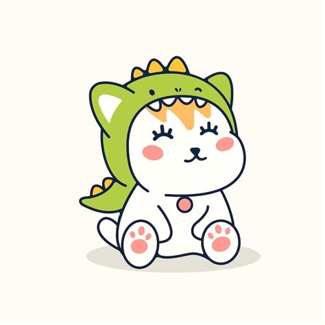 공룡 모자를 쓴 귀여운 고양이 그림 프리미엄 벡터