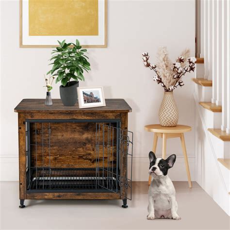 Wooden Dog Crate Furniture With Tray And Double Door Costway