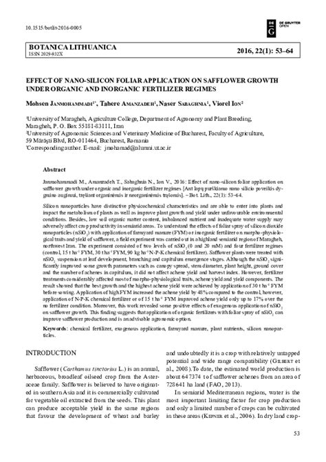 Pdf Effect Of Nano Silicon Foliar Application On Safflower Growth