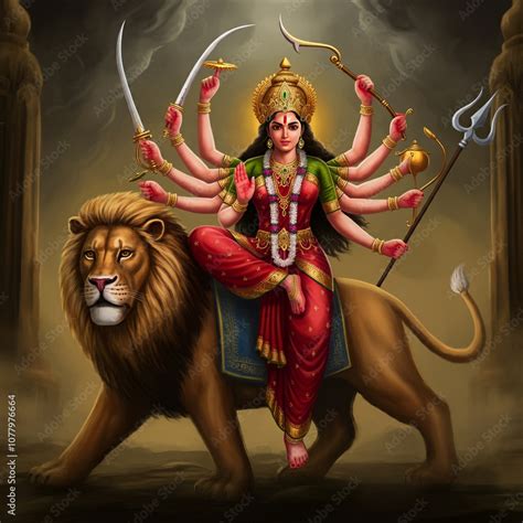 Goddess Durga Riding A Lion Holding Weapons In Her Multiple Arms