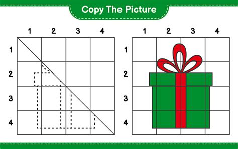 그림을 복사하여 그리드 라인을 사용하여 기프트 박스 사진을 복사합니다 교육 어린이 게임 인쇄 워크 시트 벡터 일러스트레이션 0명에 대한 스톡 벡터 아트 및 기타 이미지