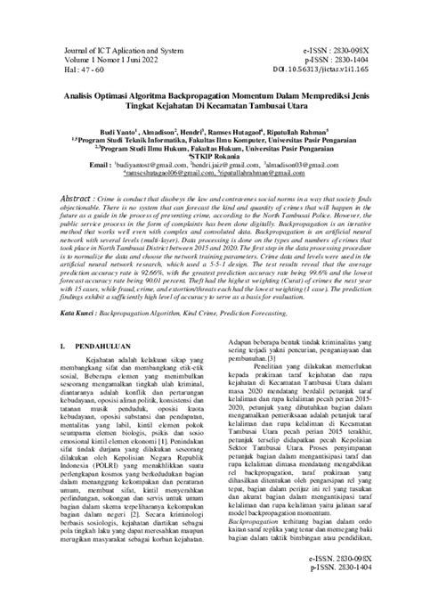 Pdf Analisis Optimasi Algoritma Backpropagation Momentum Dalam