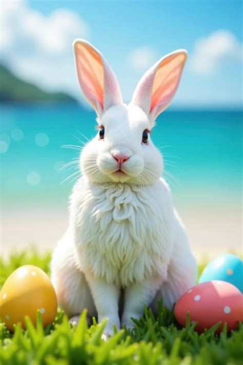 White Bunny With Colorful Eggs Blurred Coastal Background Sunny Blue