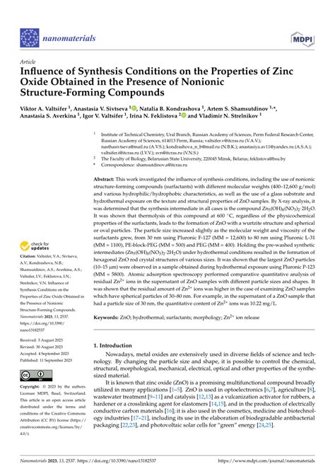 Pdf Influence Of Synthesis Conditions On The Properties Of Zinc Oxide Obtained In The Presence