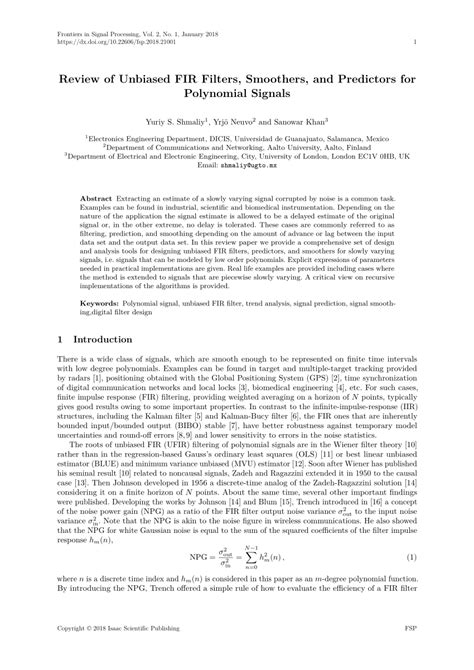 Pdf Review Of Unbiased Fir Filters Smoothers And Predictors For Polynomial Signals