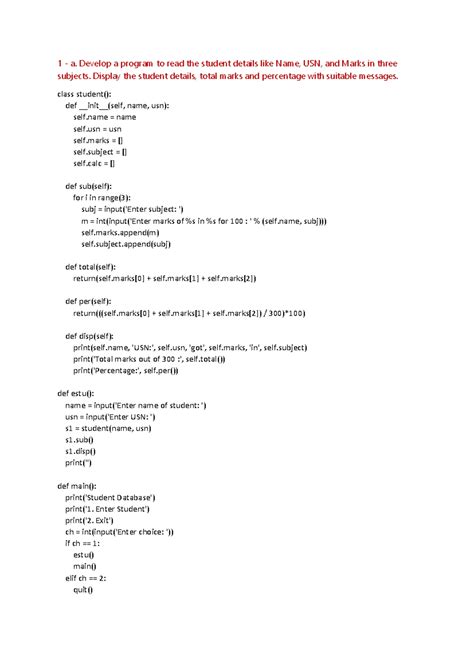Python Lab Program 1a Develop A Program To Read The Student Details