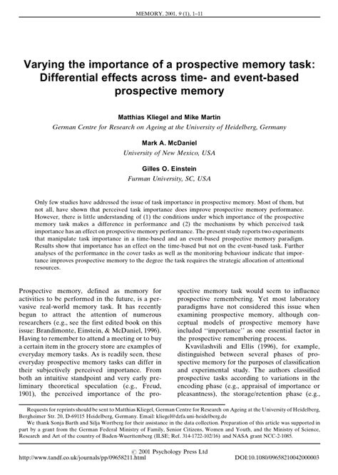 Pdf Varying The Importance Of A Prospective Memory Task Differential Effects Across Time And