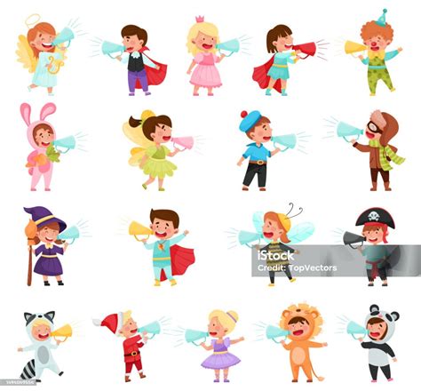 멋진 드레스나 의상을 입은 아이 캐릭터 말하는 확성기 또는 확성기 큰 벡터 세트 어릿광대 서커스 공연자에 대한 스톡 벡터 아트 및 기타 이미지 어릿광대 서커스 공연자