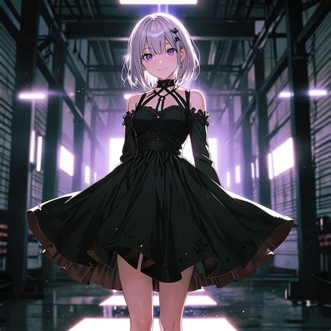 An Anime Girl In A Black Dress Stands Gracefully In A Dim Stairwell