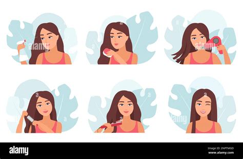 Hair Care And Hairstyle Routine Set Vector Illustration Cartoon Girls