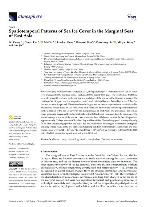 Pdf Spatiotemporal Patterns Of Sea Ice Cover In The Marginal Seas Of East Asia