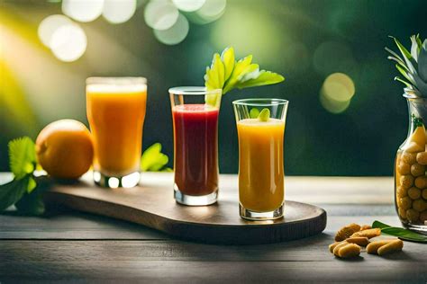 Three Different Types Of Juices On A Wooden Table AI Generated Stock Photo At Vecteezy