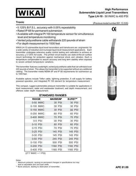 Wika Lh 10 Submersible Liquid Level Transmitter Spec Lesman