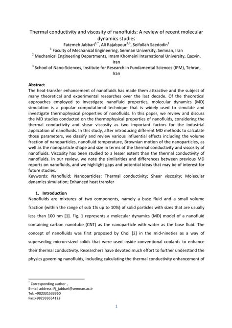 Pdf Thermal Conductivity And Viscosity Of Nanofluids A Review Of Recent Molecular Dynamics