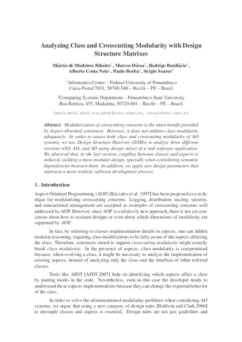 Pdf Analyzing Class And Crosscutting Modularity With Design Structure Matrixes