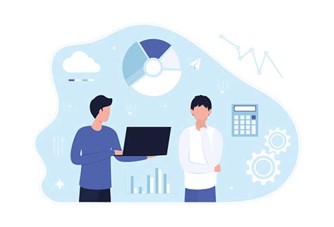 비즈니스 분석 및 시장 조사 개념 사무실의 남성들은 프로젝트 개발 전략을 개발하고 빅 데이터를 연구하고 위험을 계획하고 계산합니다 흰색 배경의 플랫 벡터 스톡 일러스트레이션