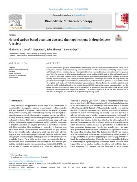PDF Natural Carbon Based Quantum Dots And Their Applications In Drug Delivery A Review