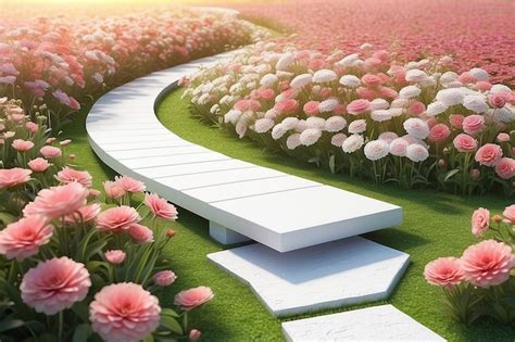 Premium Photo 3d Rendering Of White Platform In Flowers Field