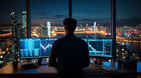 Premium Ai Image Stock Trader Man Using Multiple Monitors While Working At Night Back