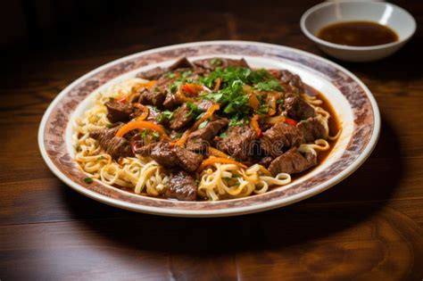 Spaghetti And Goulash Meat Stew With Vegetables On White Plate On Table