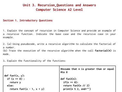 Recursion Questions And Programs Include Answers Teaching Resources