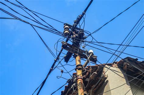 An Electric Poles With Jumbled Wires Stock Image Image Of Industrial