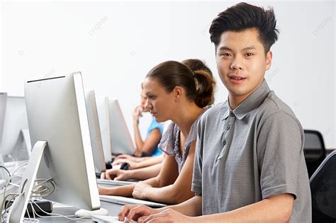 Group Of Students In Computer Class Background Smile Row Looking