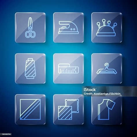 세트 라인 섬유 직물 롤 바느질 패턴 바늘 침대와 바늘 테이프 측정 스풀에 스레드 가위 및 행거 옷장 아이콘 벡터 가위에 대한 스톡 벡터 아트 및 기타 이미지 Istock