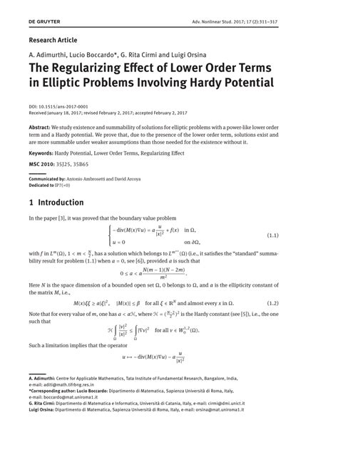 Pdf The Regularizing Effect Of Lower Order Terms In Elliptic Problems Involving Hardy Potential