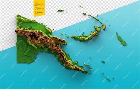 파푸아 뉴기니 지도 그림자 릴리프 색상 높이 지도 바다 파란 배경 3d 일러스트레이션 프리미엄 Psd 파일
