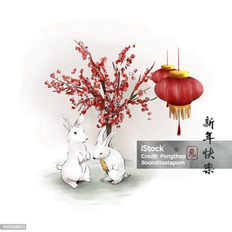 중국 수채화 스타일 예술 새해 복 많이 받으세요 2023 벚꽃과 붉은 등불을 가진 토끼 중국어 텍스트는 새해 복 많이 받으세요 토끼 해를 의미 수채화에 대한 스톡 벡터 아트