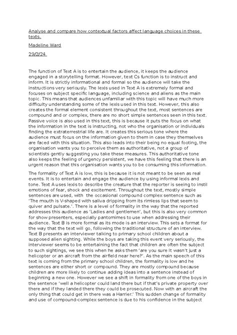 Analyse And Compare How Contextual Factors Affect Language Choices In These Texts Madeline