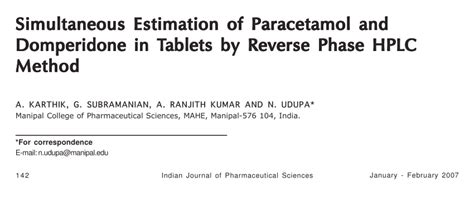 Pdf Simultaneous Estimation Of Paracetamol And Domperidone In Tablets By Reverse Phase Hplc Method