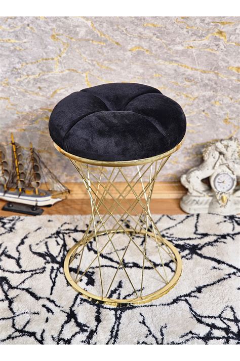 Zafİr Yuvarlak Gold Kaplama Siyah Puf Oturak Bench Ayak Ucu Oturak