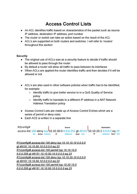 ACL Notes Access Control Lists An ACL Identifies Traffic Based On Characteristics Of The