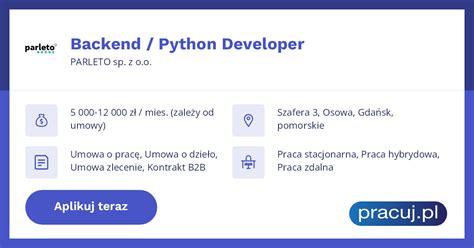 oferta pracy backend python developer parleto sp z o o gdańsk