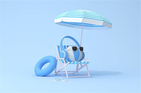 팽창식 볼과 비치 의자 3d 렌더링에 파란색 헤드폰의 개념적 장면 해변에 대한 스톡 사진 및 기타 이미지 해변 3차원 형태 헤드폰 Istock