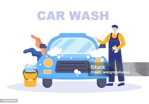 세차 서비스 플랫 디자인 일러스트 배경 포스터 또는 배너에 대한 스폰지 비누와 물을 사용하여 자동차를 세척하는 근로자 개념에 대한 스톡 벡터 아트 및 기타 이미지 Istock