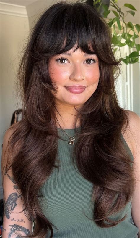 Rich Brunette Long Feathered Layers With Full Fringe For Thick Hair