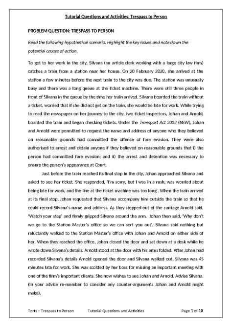 tutorial questions and activities week 2 trespass to person problem