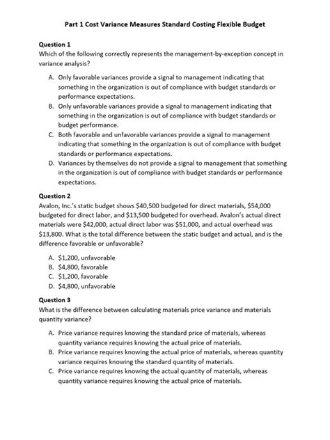 Part 1 Cost And Variance Measures Standard Costing And Flexible Budget Qs