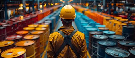 Premium Photo Worker Inspects Drums At Chemical Storage Facility To